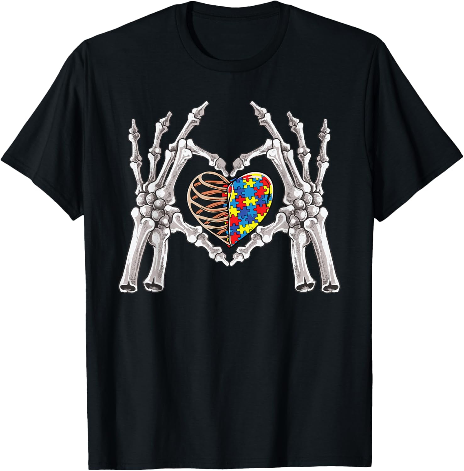 Autism Awareness Gothic Skull Hand Autism Puzzle Piece Heart T-Shirt ...