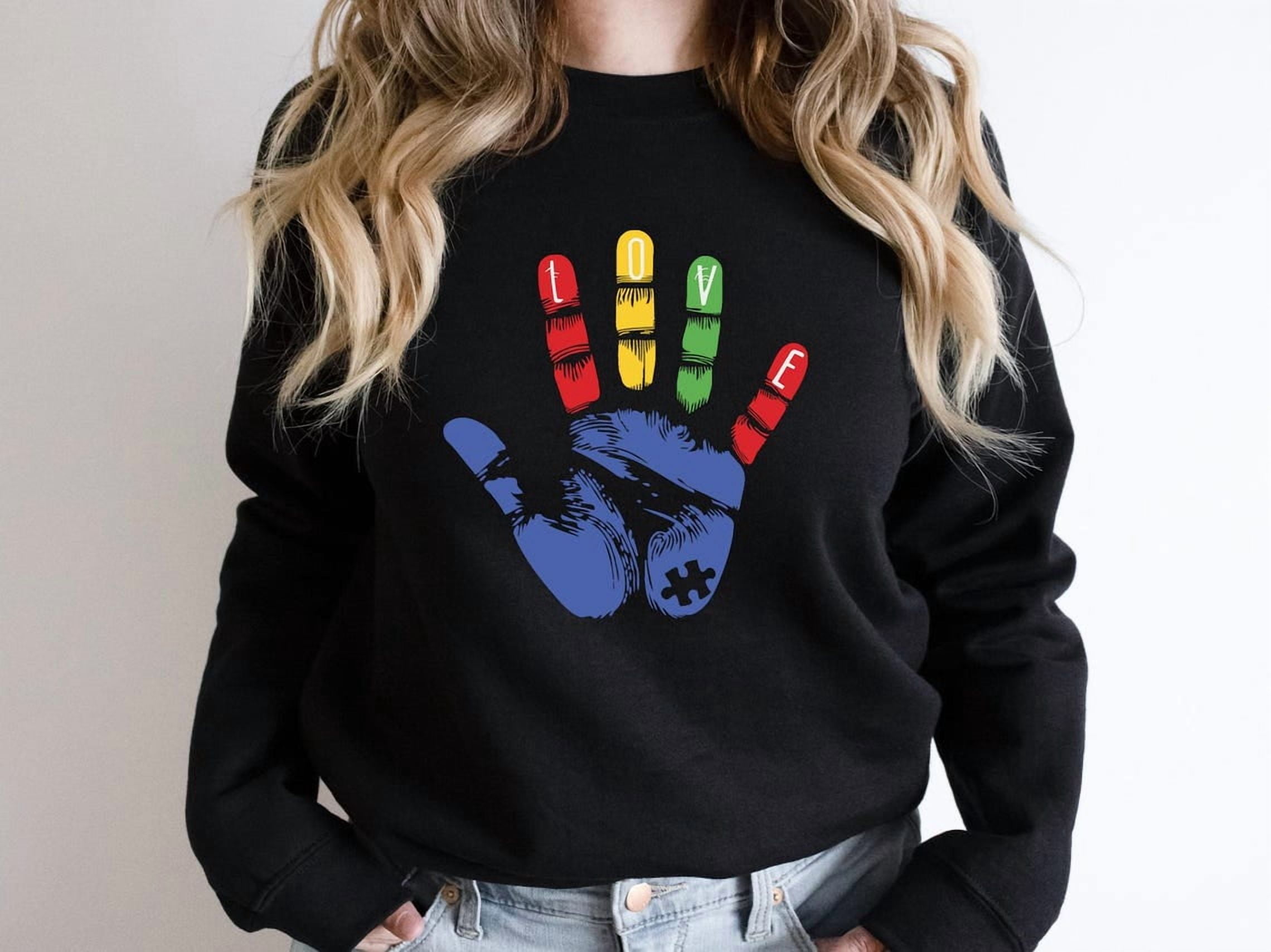 Autism Awareness Handprint Crewneck Sweatshirt: Love Sign, Inclusion ...