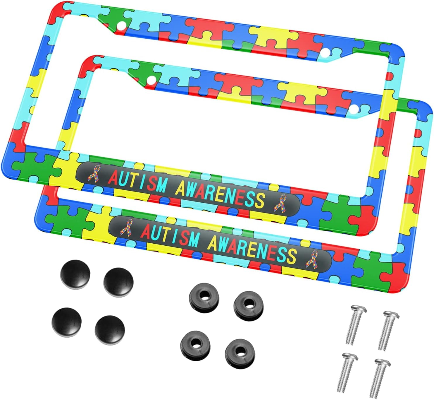 Autism Awareness License Plate Frame Colorful Puzzle Ribbons Metal 2 ...