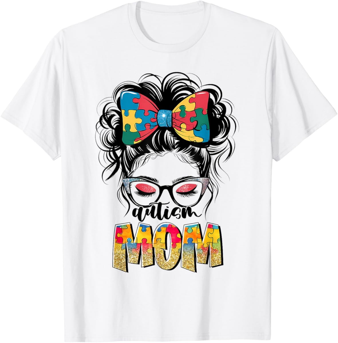 Autism Awareness Messy Bun Autism Mom Coquette Bow Puzzle T-Shirt Gift ...