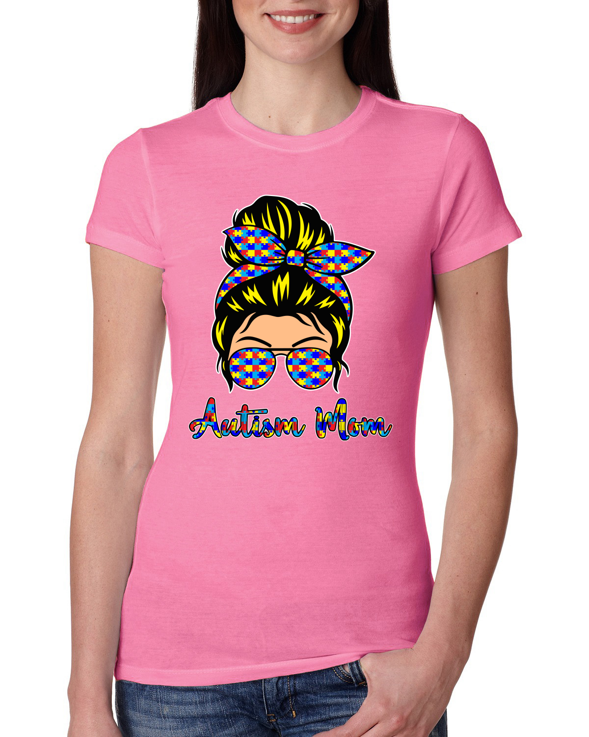 Autism Awareness Mom Life Messy Hair Bun | Cool Support Neon Print ...