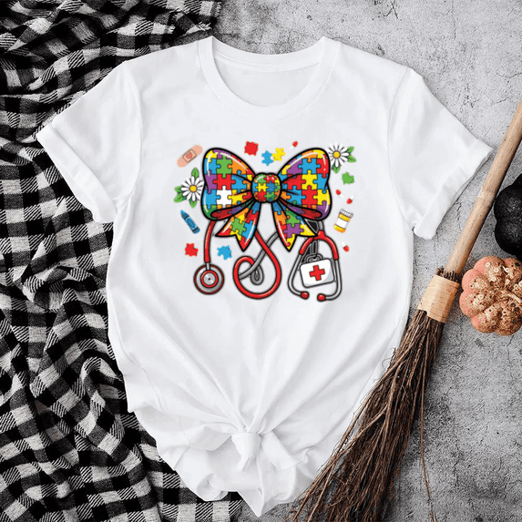 Autism Awareness Nurse Stethoscope Puzzle Ribbon Bow Unisex T-Shirt, S ...