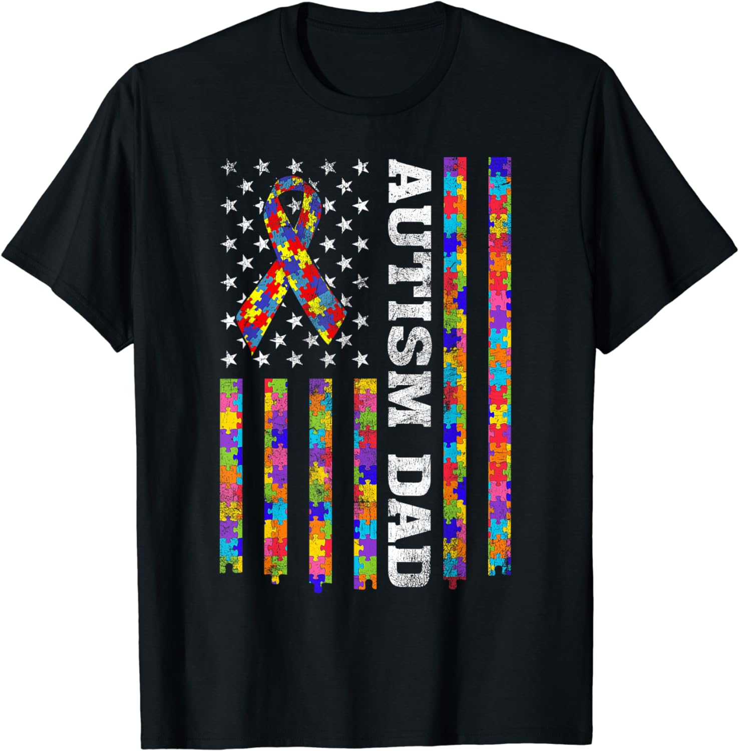 Autism Awareness Proud Autism Dad Vintage USA Flag Gift Men T-Shirt ...