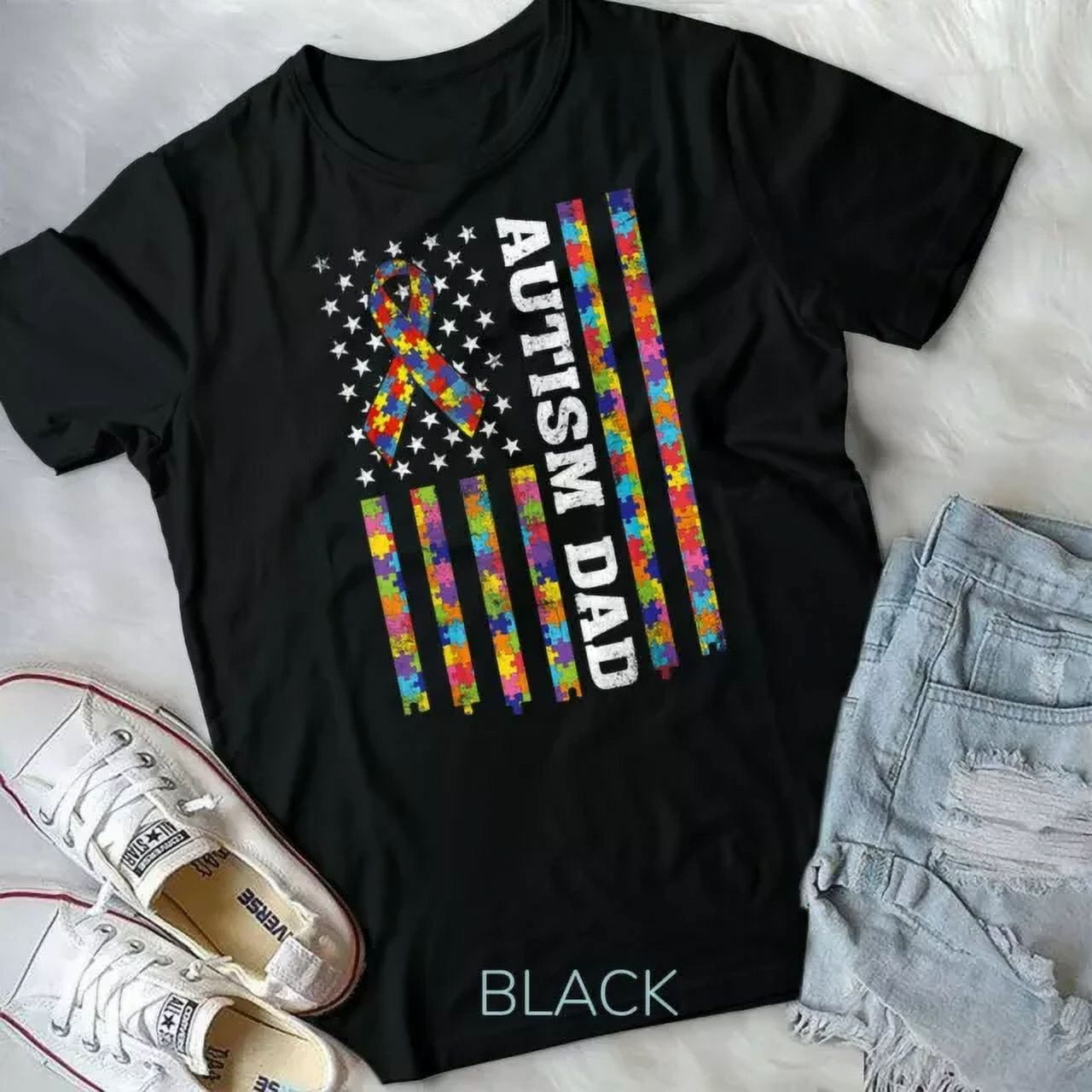 Autism Awareness Proud Autism Dad Vintage Usa Flag Gift Men T-Shirt ...