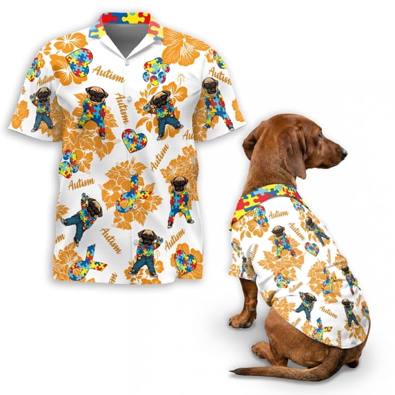 Autism Awareness Pug Hawaiian Shirt, Puzzle Heart Tropical Aloha Shirt ...