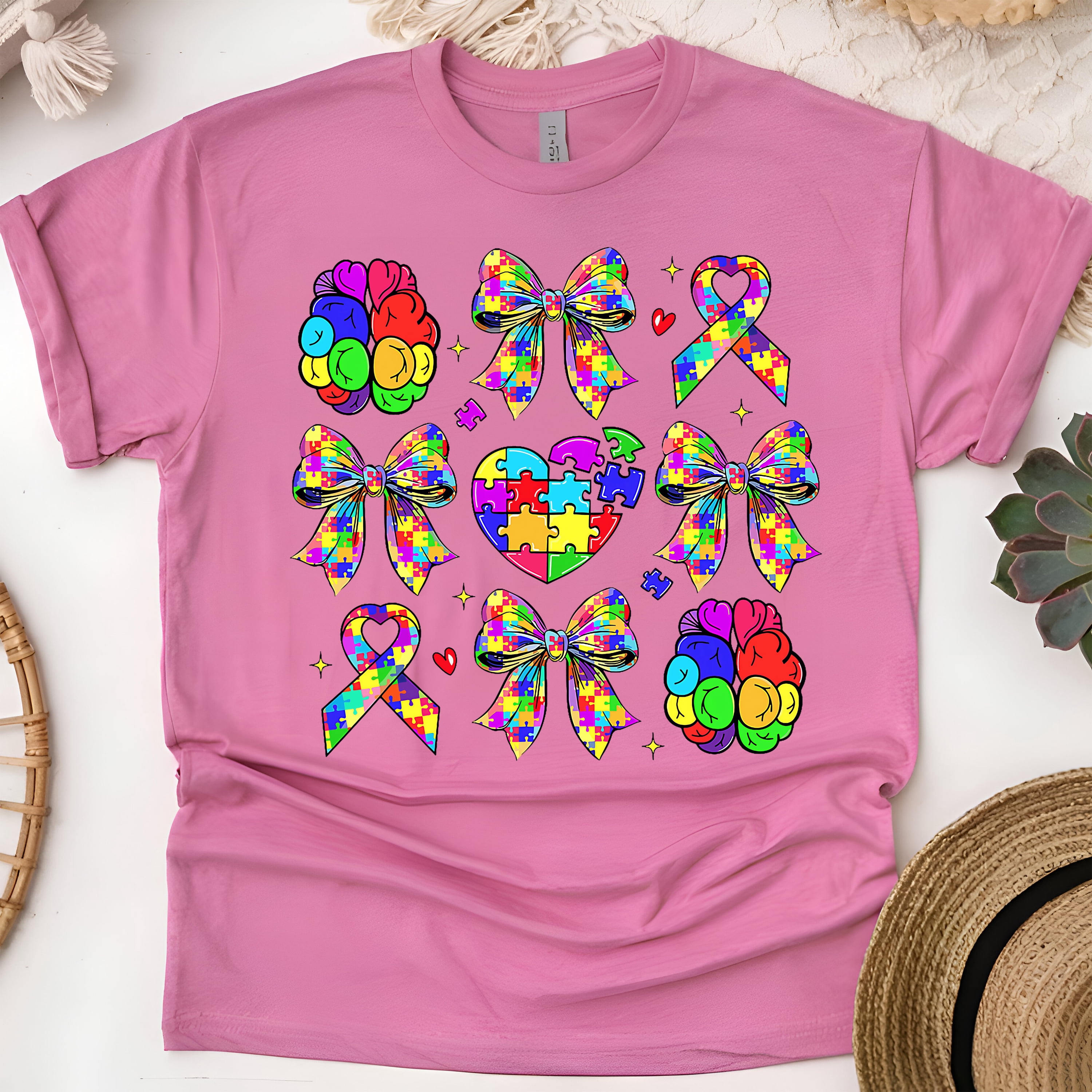 Autism Awareness Puzzle Bow Shirt – Colorful Heart Brain & Ribbon Tee ...