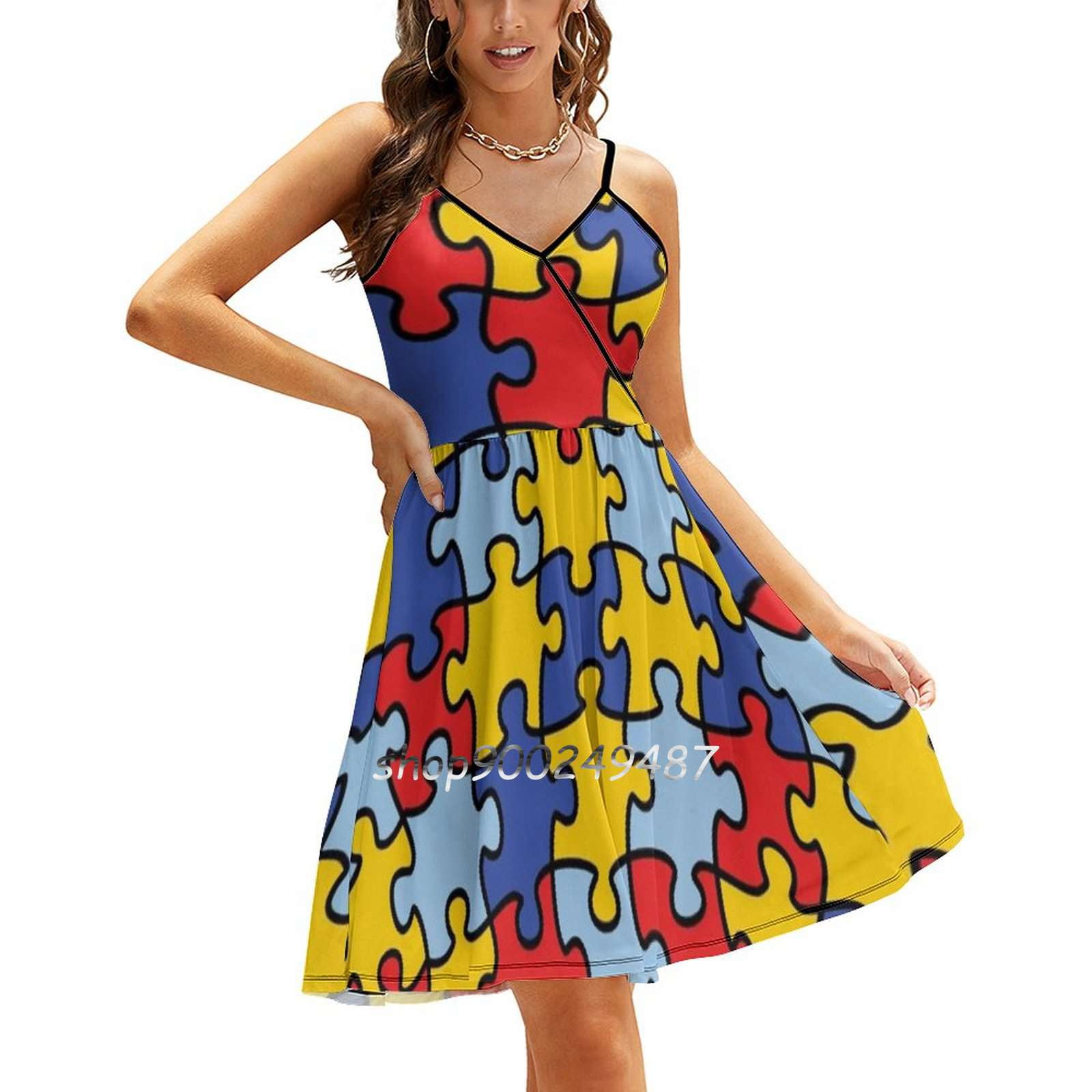 Autism Awareness Puzzle Pattern Flare Dress Square Neck Dress Elegant ...