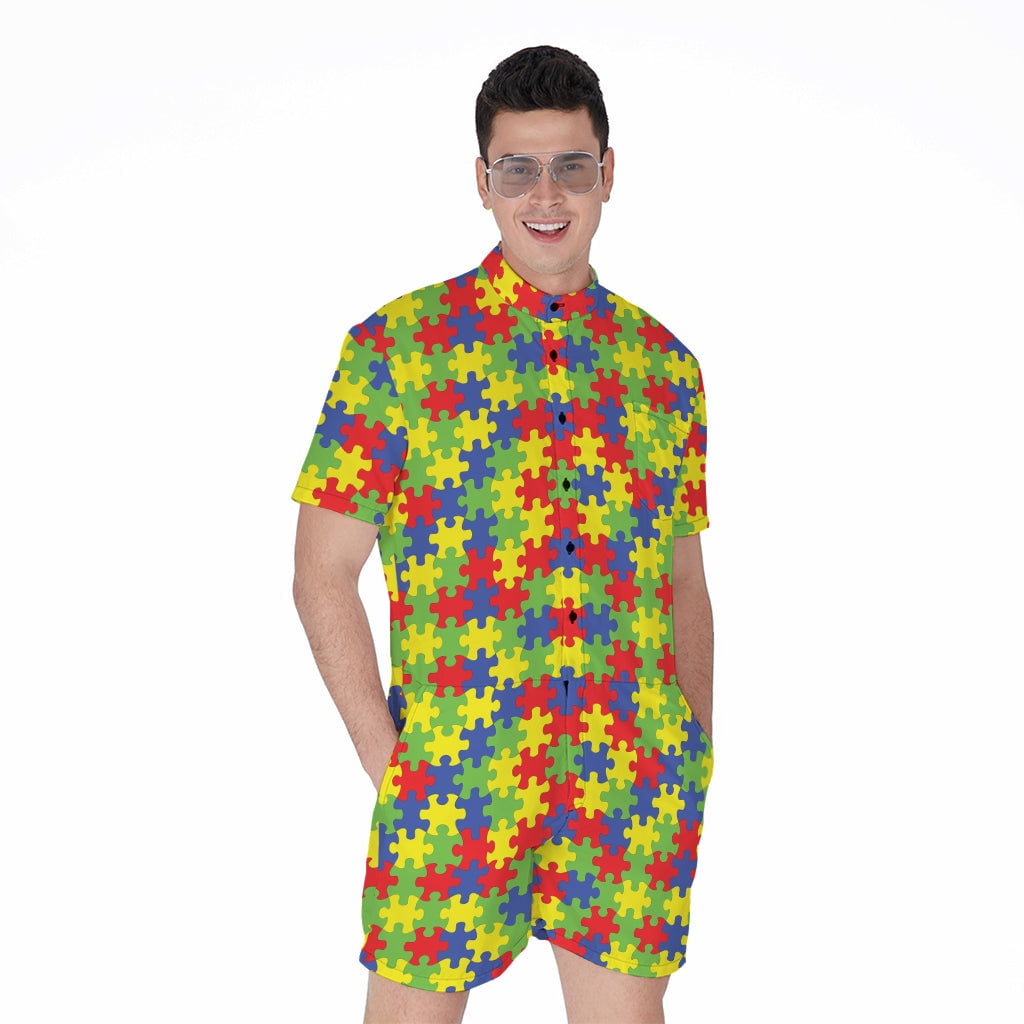 Autism Awareness Puzzle Pattern Short Sleeve Men'S Rompers, Autism ...
