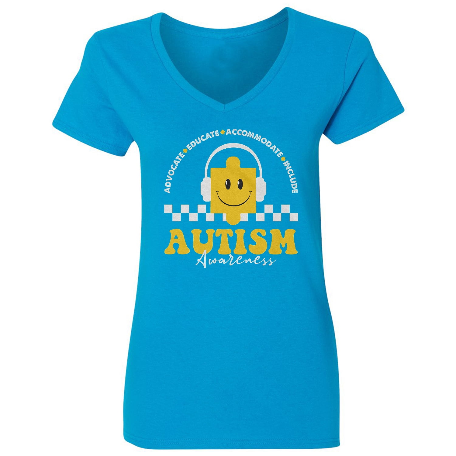 Autism Awareness - Puzzle Symbol with Headphones Ladies' V-Neck Tshirt ...