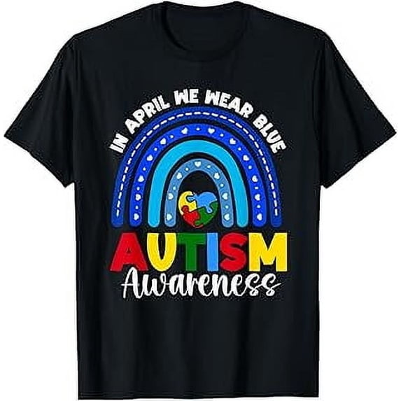 Autism Awareness Rainbow In April We Wear Blue Ribbon Autism T-Shirt ...