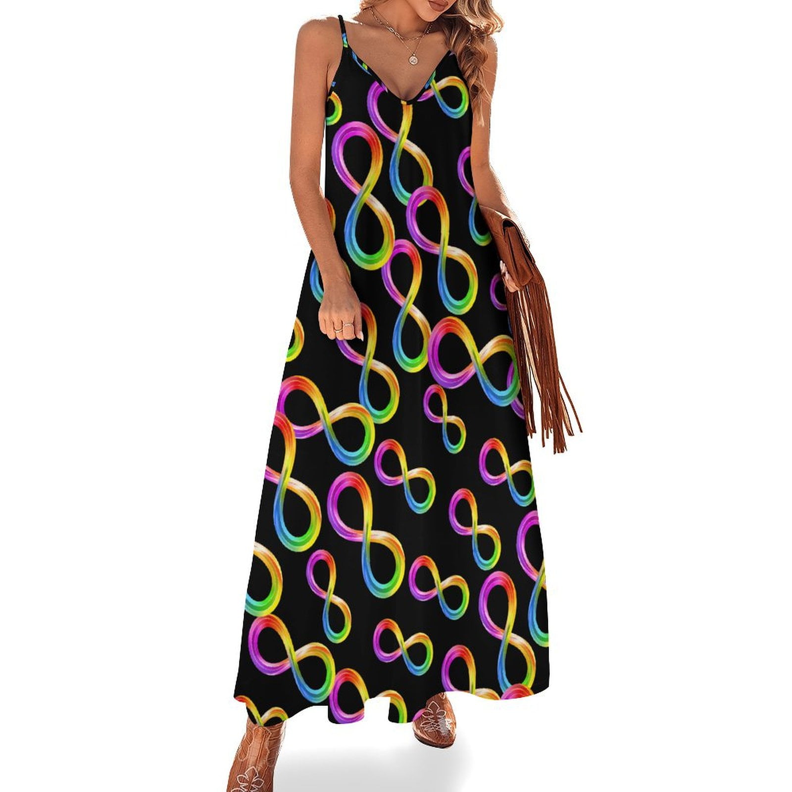 Autism Awareness Rainbow Infinity Symbol Women's Maxi Dress Spaghetti ...