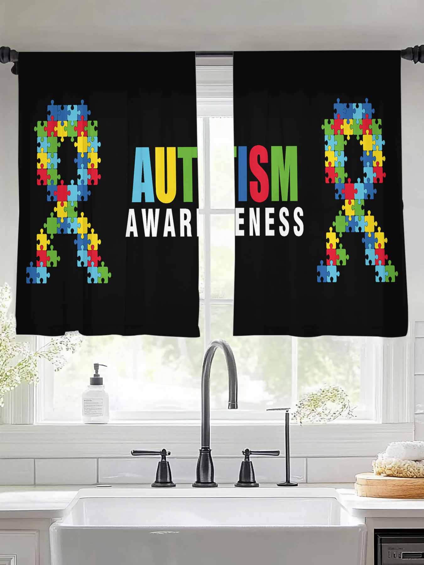 Autism Awareness Sheer Curtains 54 Inches Long 2 Panels Colorful Blocks ...