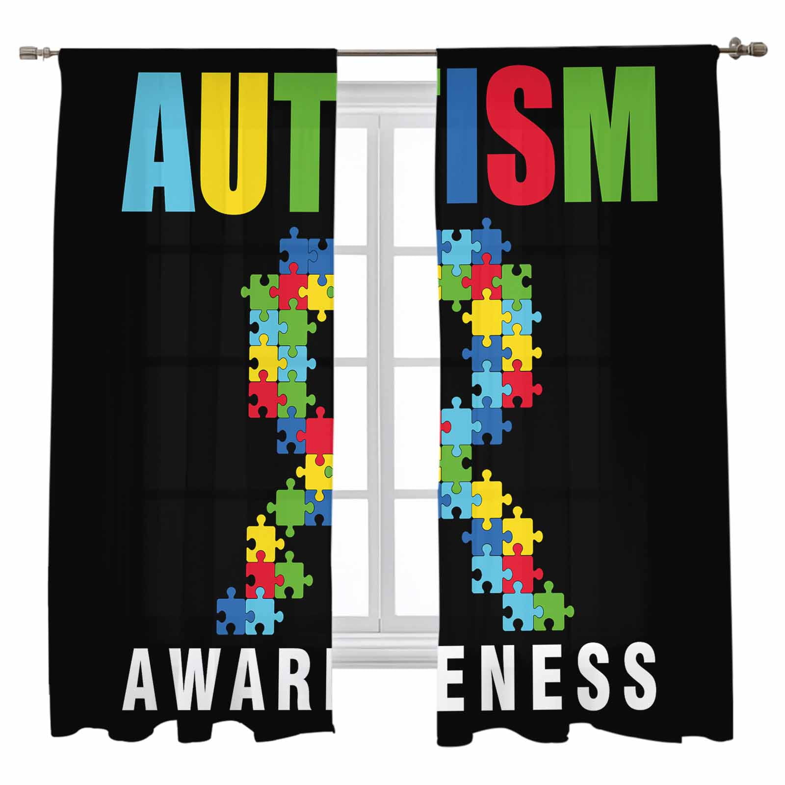 Autism Awareness Sheer Curtains 63 inches Long, Colorful Blocks Modern ...