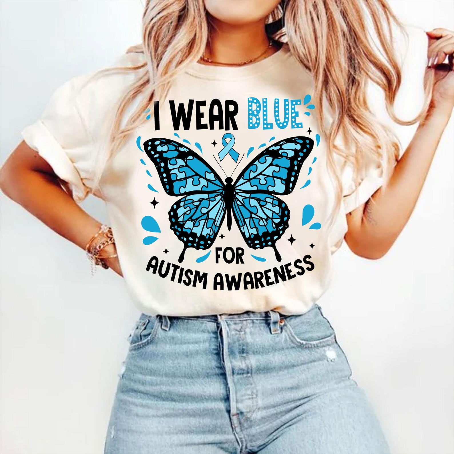 Autism Awareness Shirt, I Wear Blue Tee with Puzzle Butterfly, Support ...