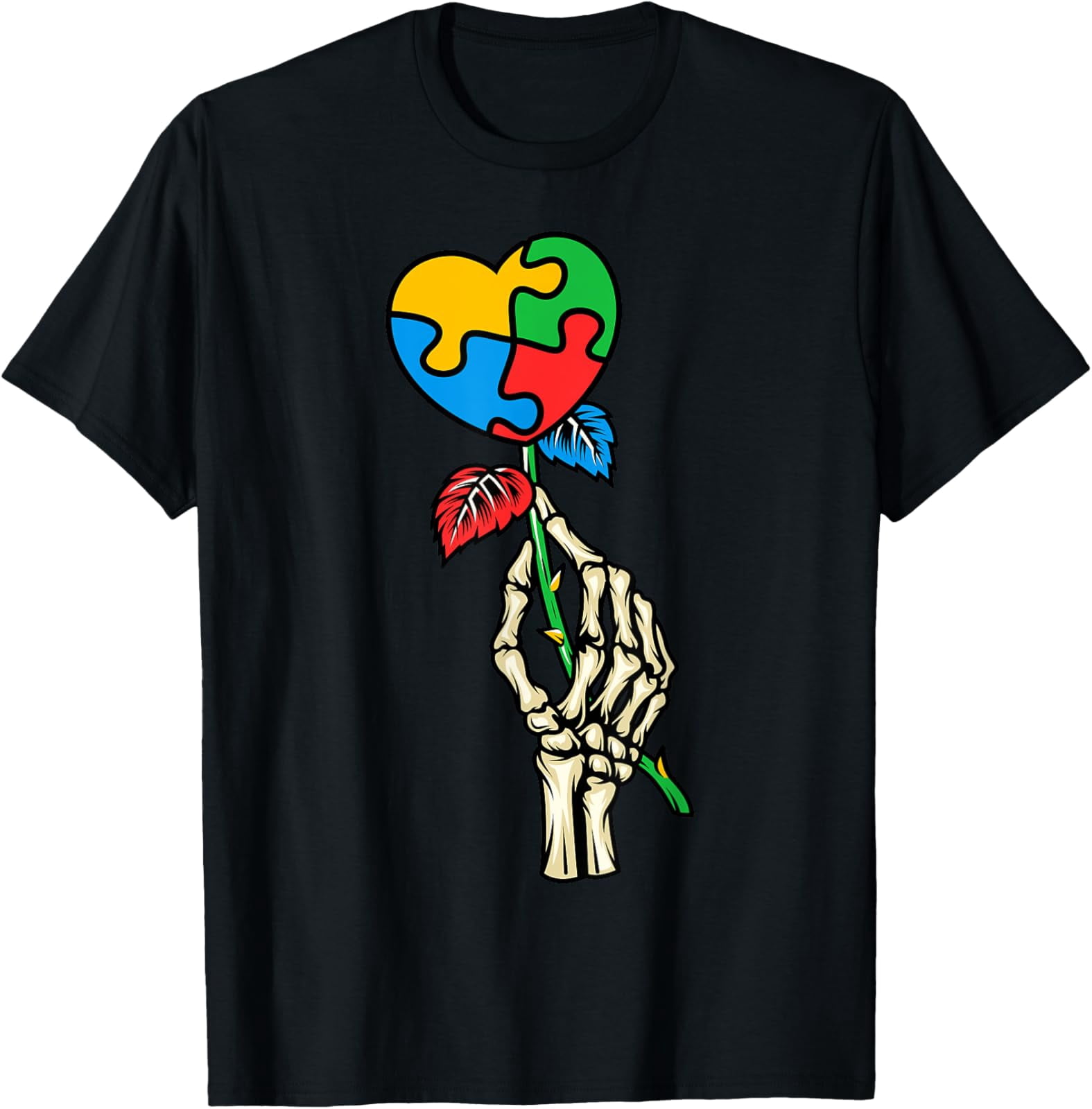 Autism Awareness Skull Hand Rose Autism Puzzle Piece Heart T-Shirt ...