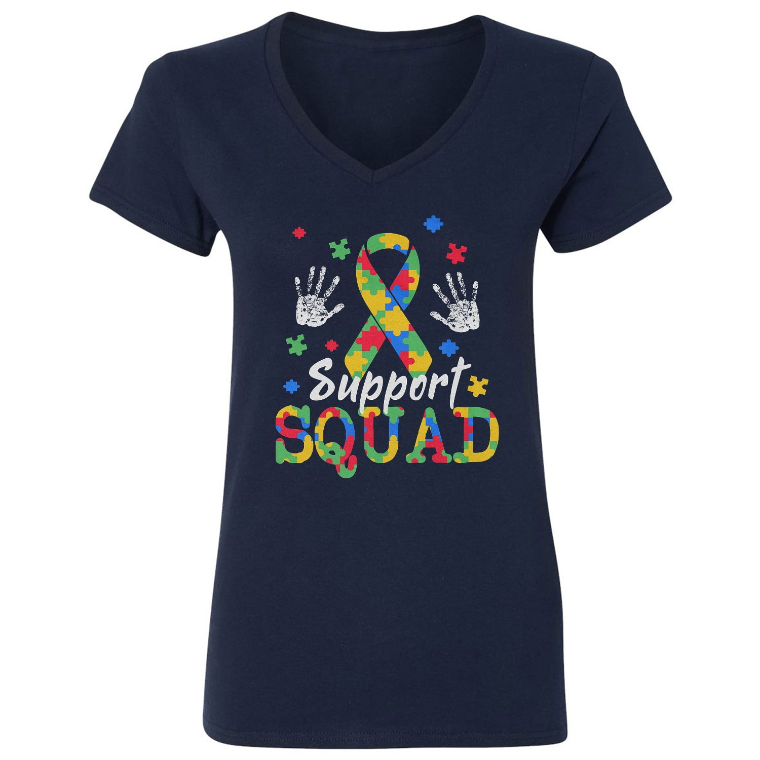 Autism Awareness Support Squad - Autism Puzzle Ribbon Ladies' V-Neck ...