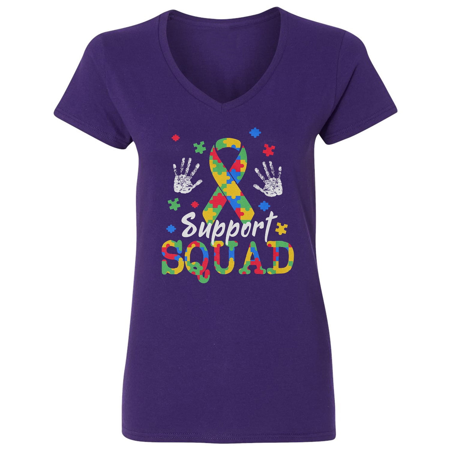 Autism Awareness Support Squad - Autism Puzzle Ribbon Ladies' V-Neck ...