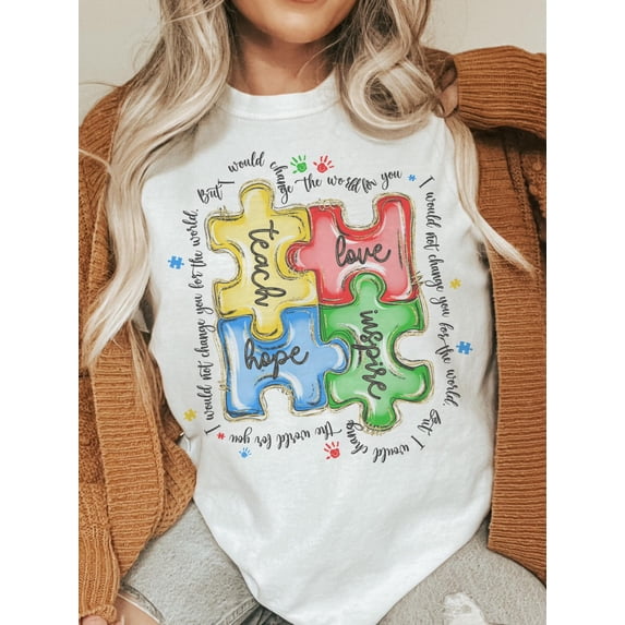 Autism Awareness TShirt Teach Love Inspire Puzzle Piece Design ...