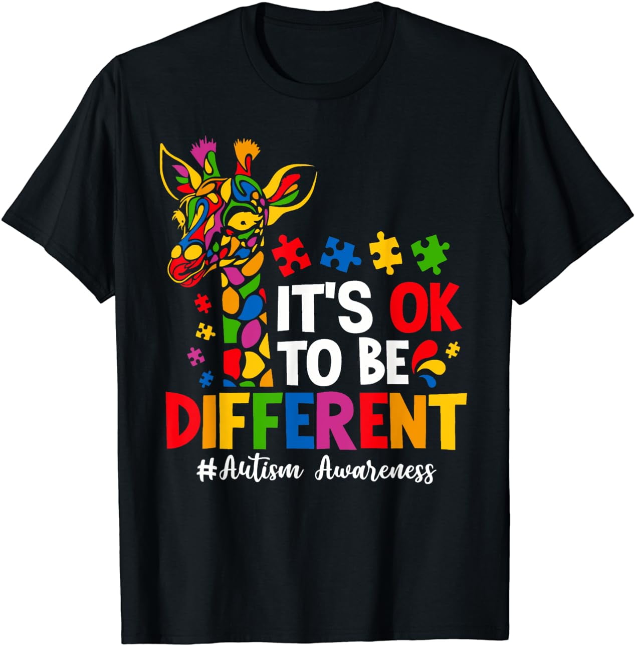 Autism Awareness Teacher Cute Giraffe Its Ok To Be Different T-Shirt ...
