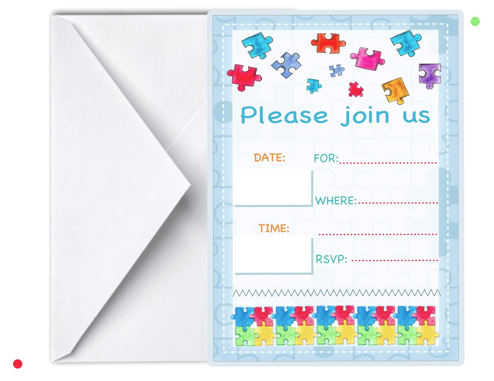 Autism Birthday Party Invitation 12 pcs, Awareness Puzzle , Colorful ...