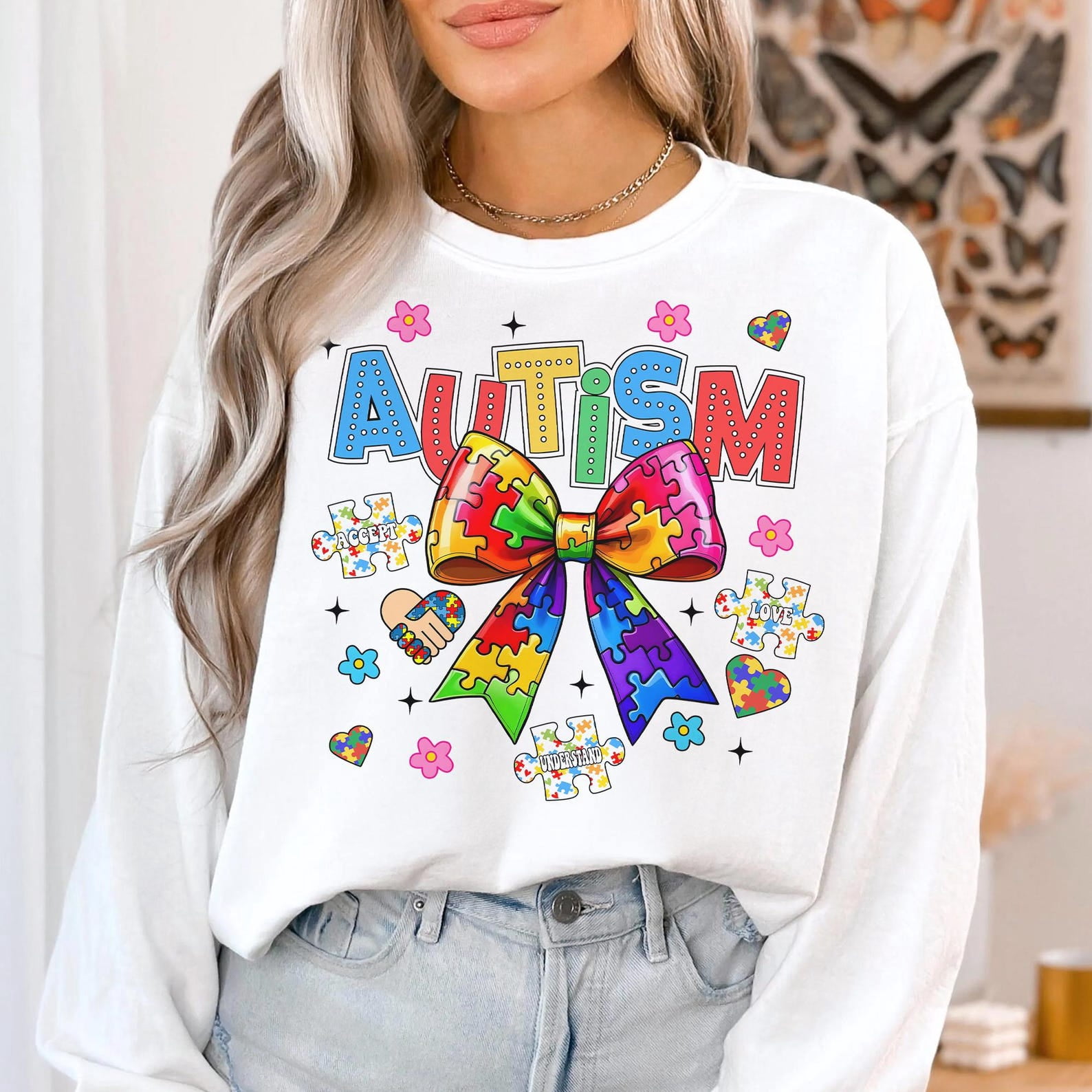 Autism Bow Sweatshirt, Autism Awareness Crewneck, Coquette Bow Pullover ...