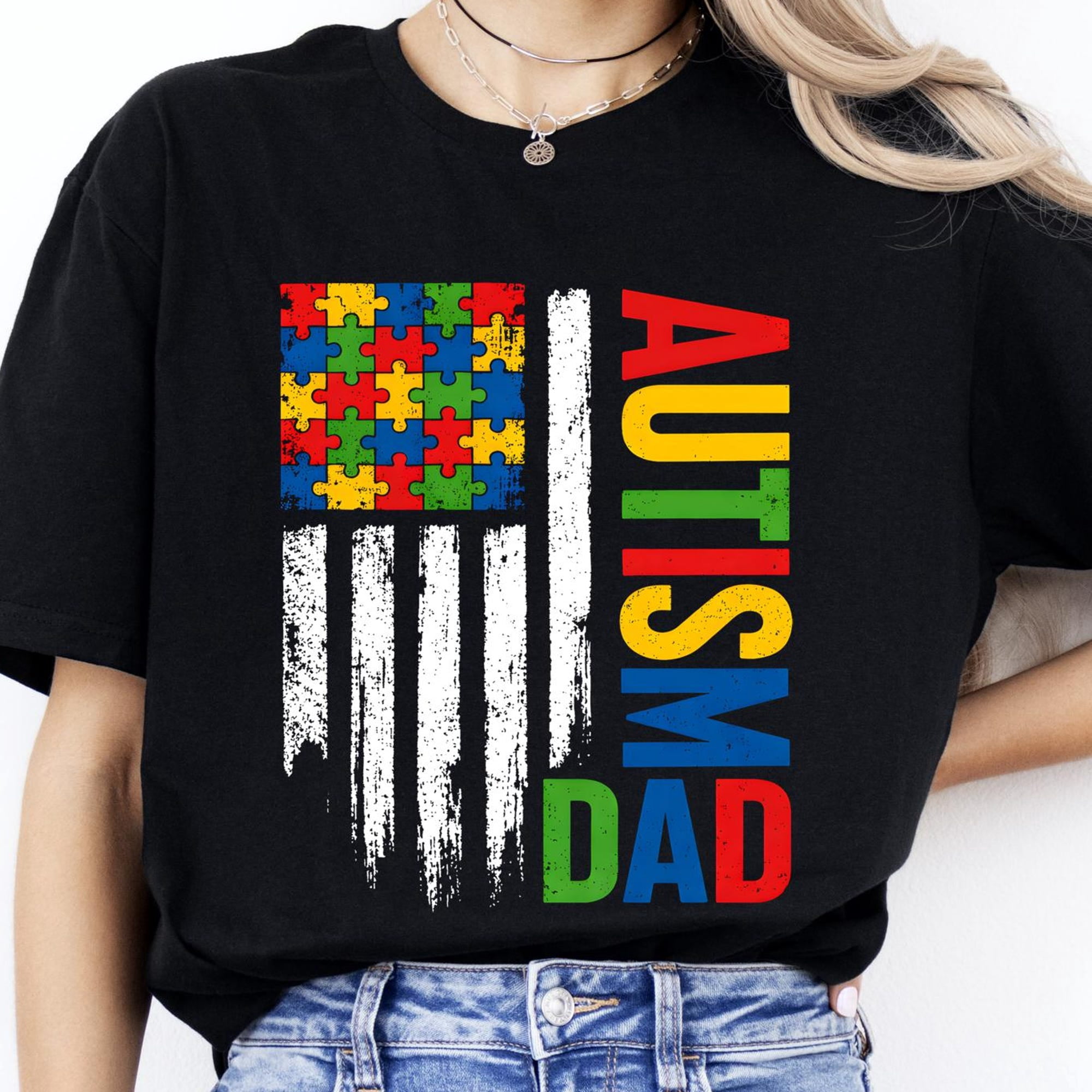 Autism Dad Father Autism Awareness Puzzle Pieces USA Flag TShirt Proud ...