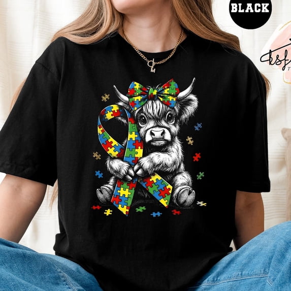 Autism Highland Cow Shirt Autism Puzzle Ribbon Tee - Walmart.com