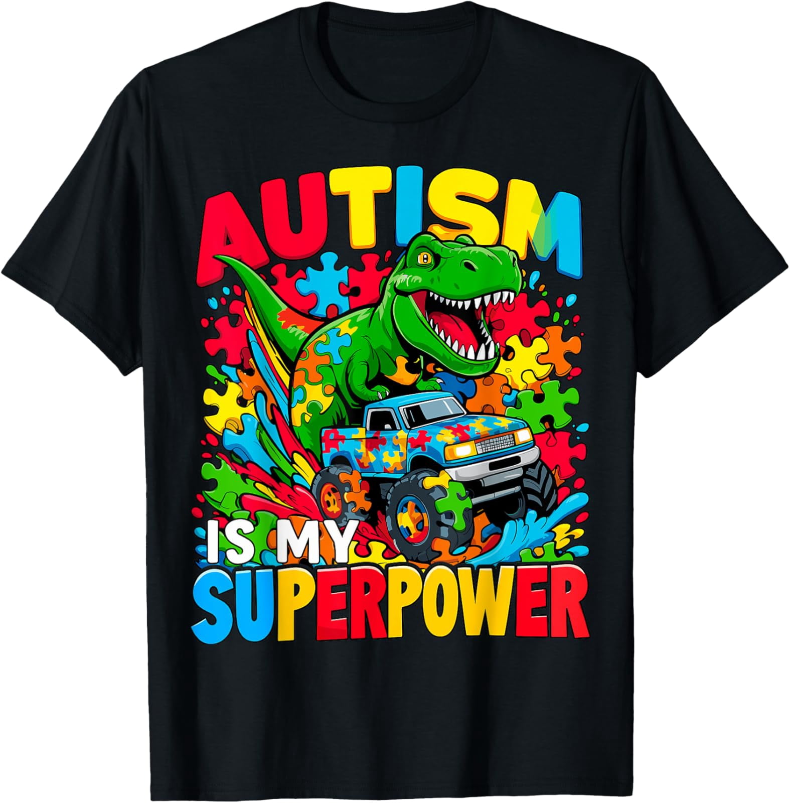 Autism Is My Superpower Dino Boys Monster Truck T-Shirt Unisex Full ...