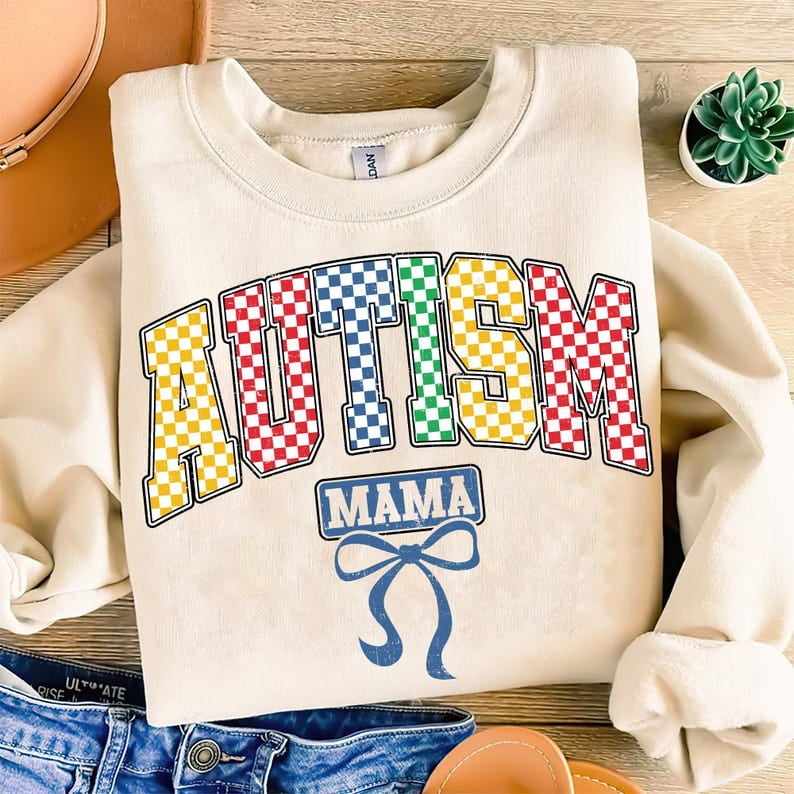 Autism Mama Sweatshirt, Retro Checkered Bow Shirt, Coquette Autism ...