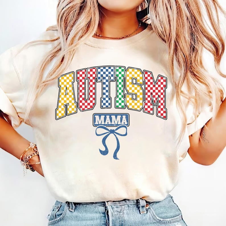 Autism Mama T-Shirt, Retro Checkered Bow Shirt, Coquette Autism ...