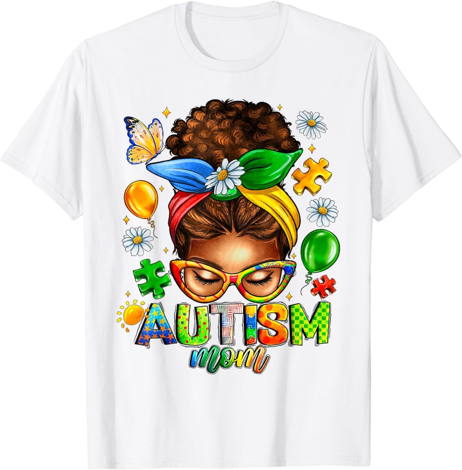 Autism Mom Afro Messy Bun Black Women Mom Life Mothers Day T-Shirt ...