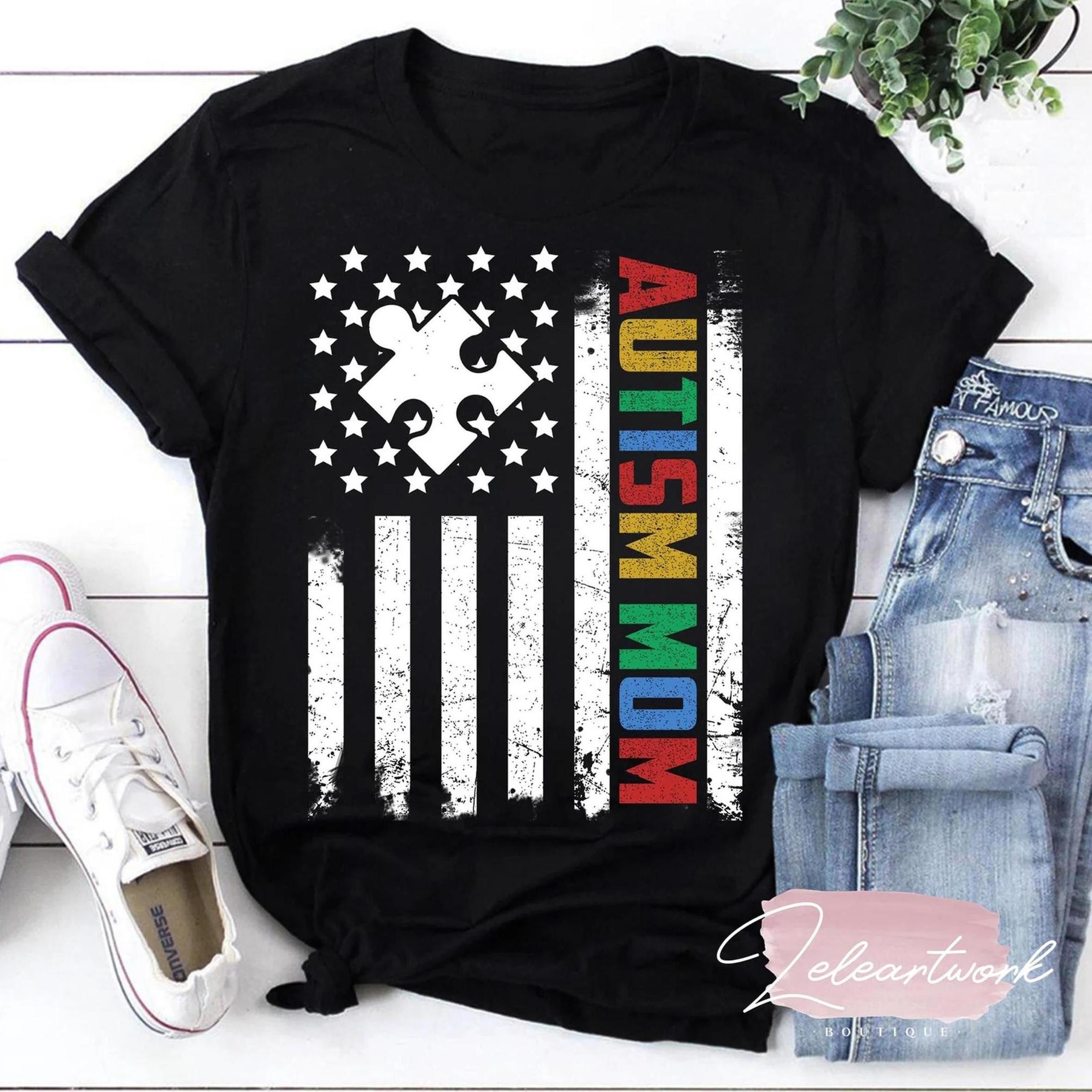 Autism Mom America Flag Vintage T-Shirt, Autism Shirt, Autism Awareness ...