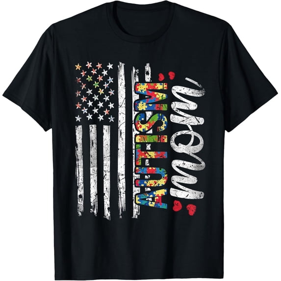 Autism Mom Awareness Puzzle USA Flag For Autistic women T-Shirt ...