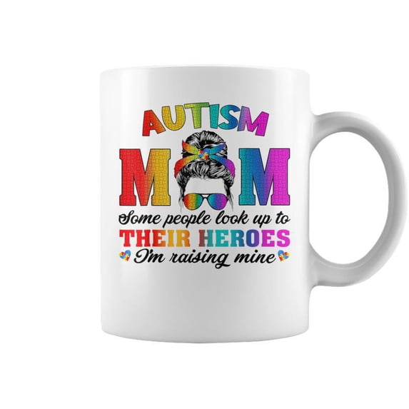 Autism Mom Raising Hero Groovy Messy Bun Autism Awareness Coffee Mugs ...