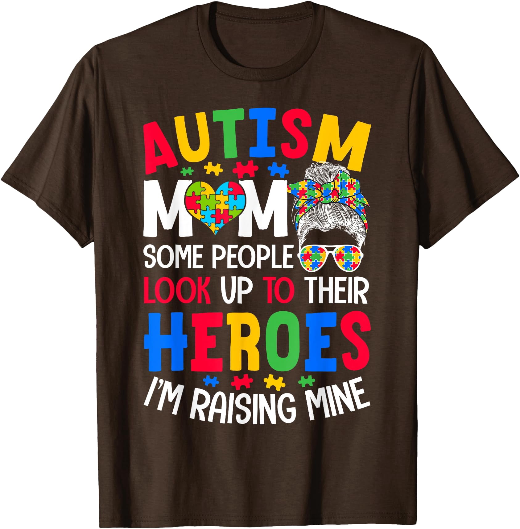 Autism Mom Raising Hero Groovy Messy Bun Autism Awareness Softstyle T ...