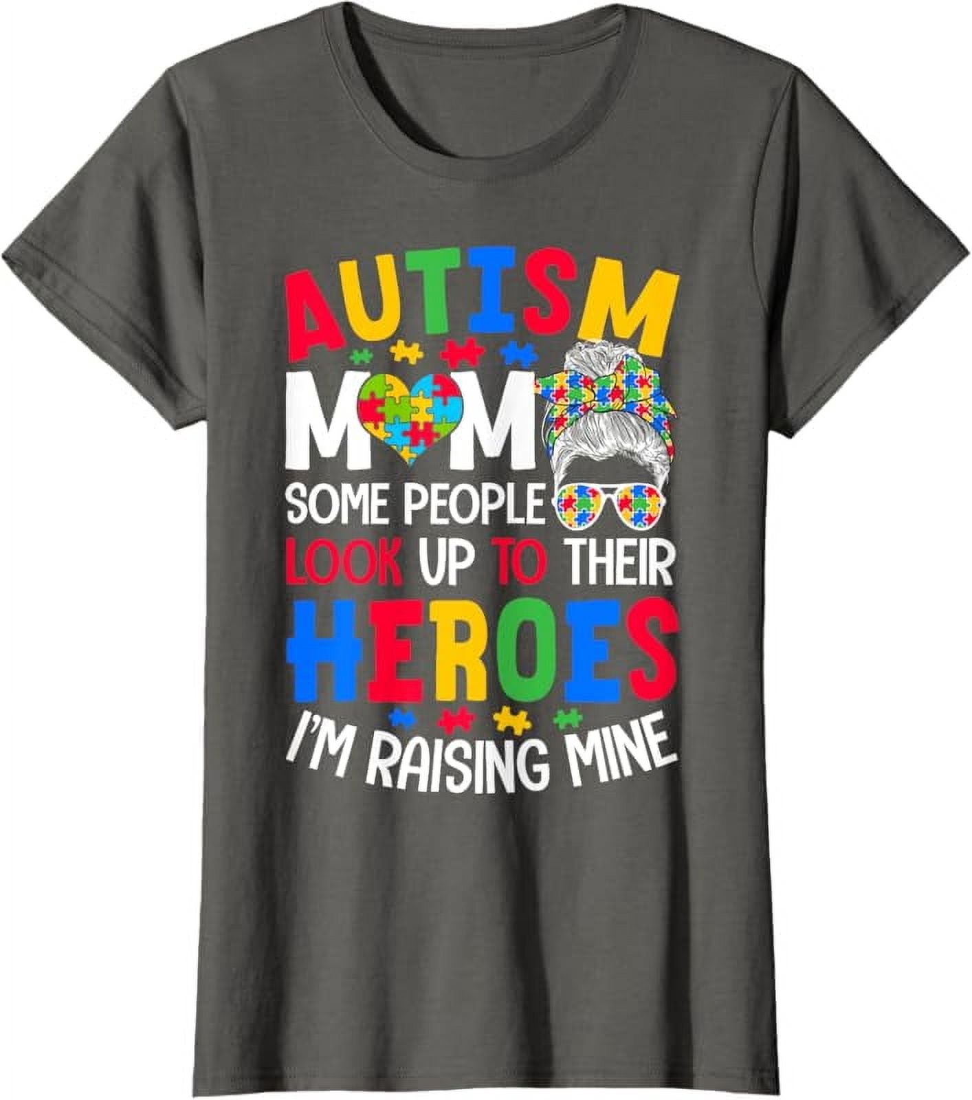 Autism Mom Raising Hero Groovy Messy Bun Autism Awareness T-Shirt ...