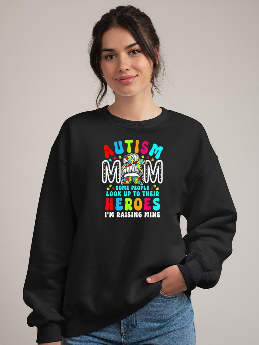 Autism Mom T-Shirt, Sweatshirt, Hoodie with groovy messy bun and hero pride vibe, for men ...
