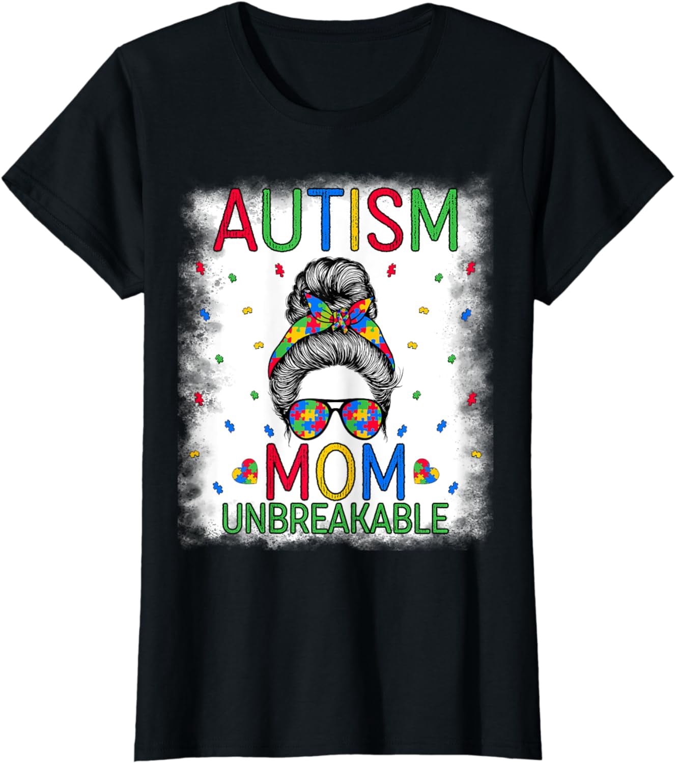 Autism Mom Unbreakable - Messy Bun Autism Awareness Puzzle T-Shirt ...