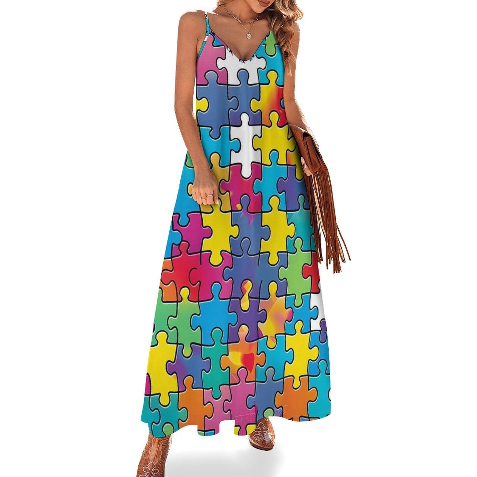 Autism Puzzle Awareness Women's Maxi Dress Spaghetti Strap Bohemian ...