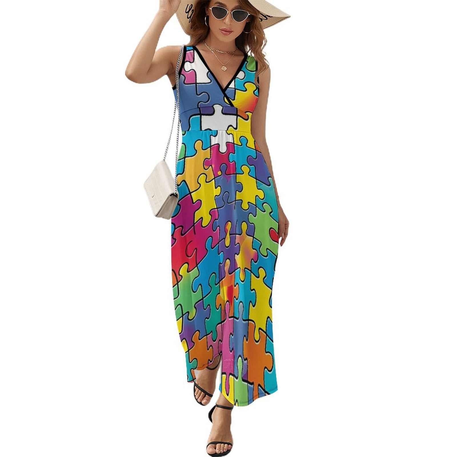 Autism Puzzle Awareness Womens V-Neck Maxi Dresses Sleeveless Floral ...