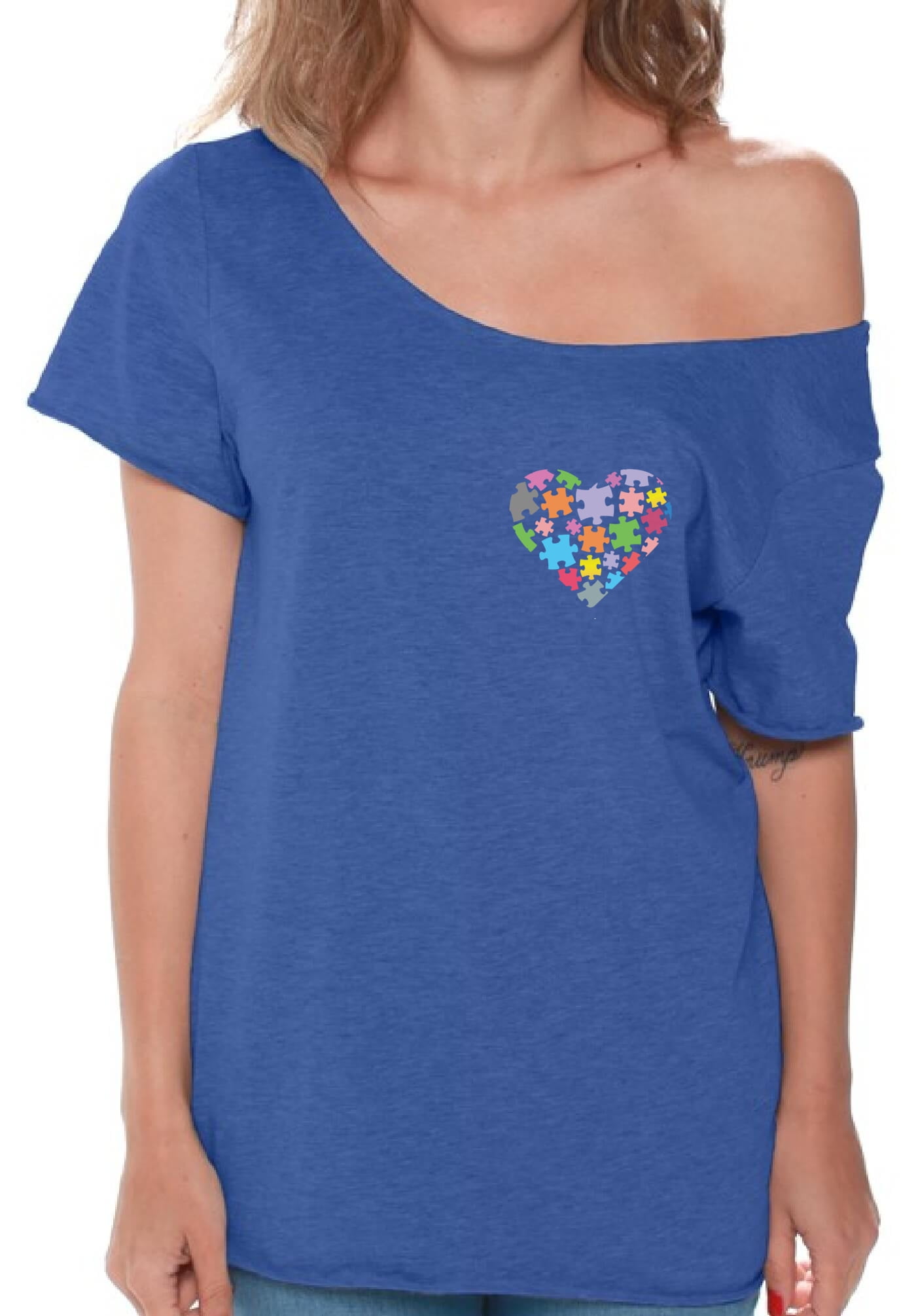 Autism Puzzle Heart Off Shoulder Tops Women - Autism Awareness Pocket ...