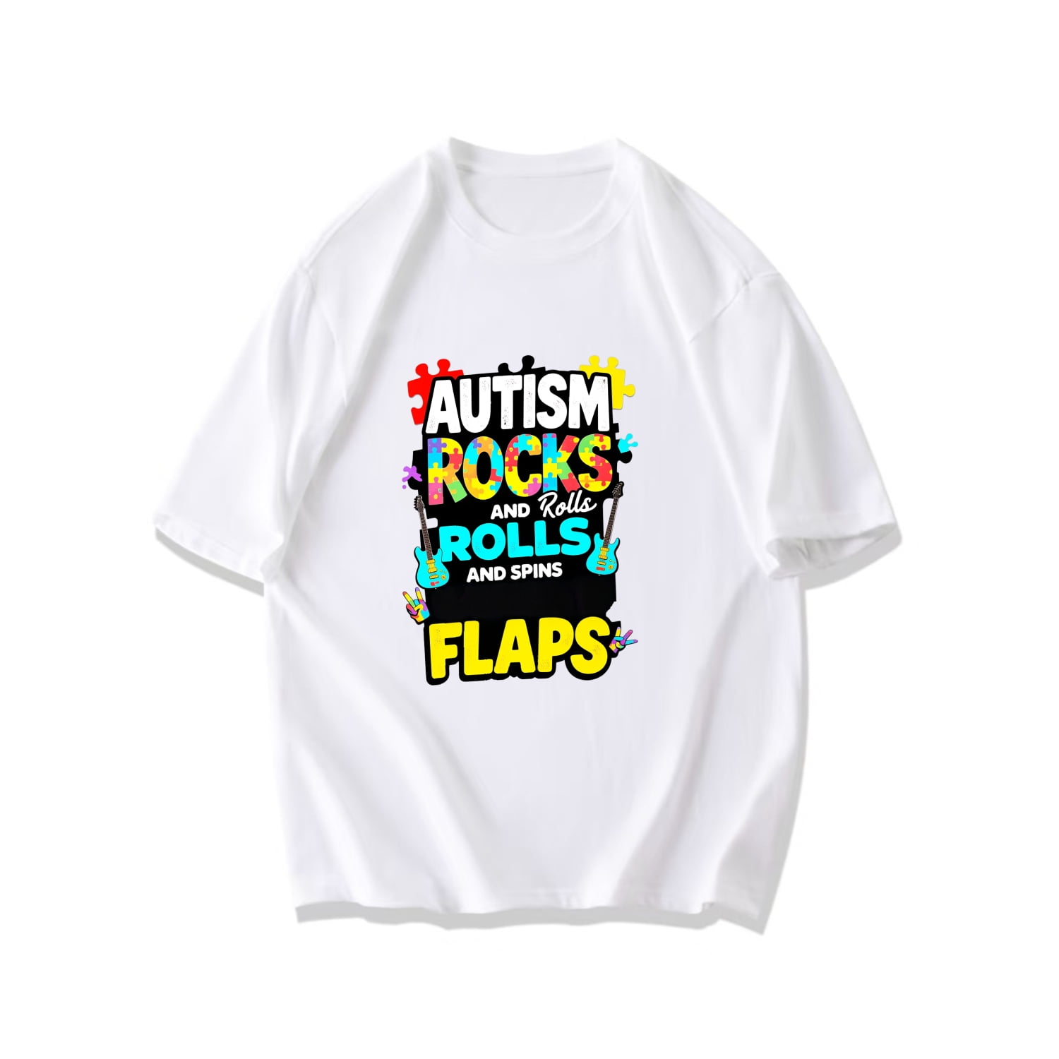 Autism Rocks And Rolls And Spins Flaps T Shirt Black Colorful Puzzle ...