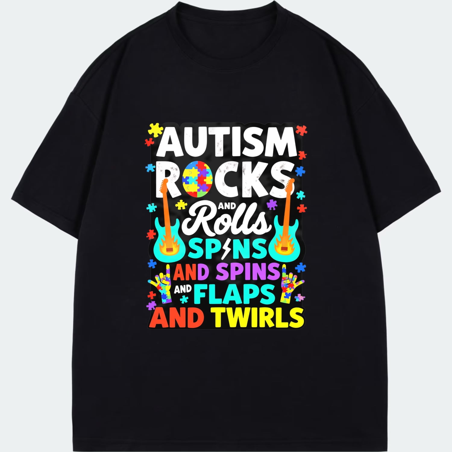 Autism Rocks And Rolls Spins And Flaps And Twirls T Shirt Black ...