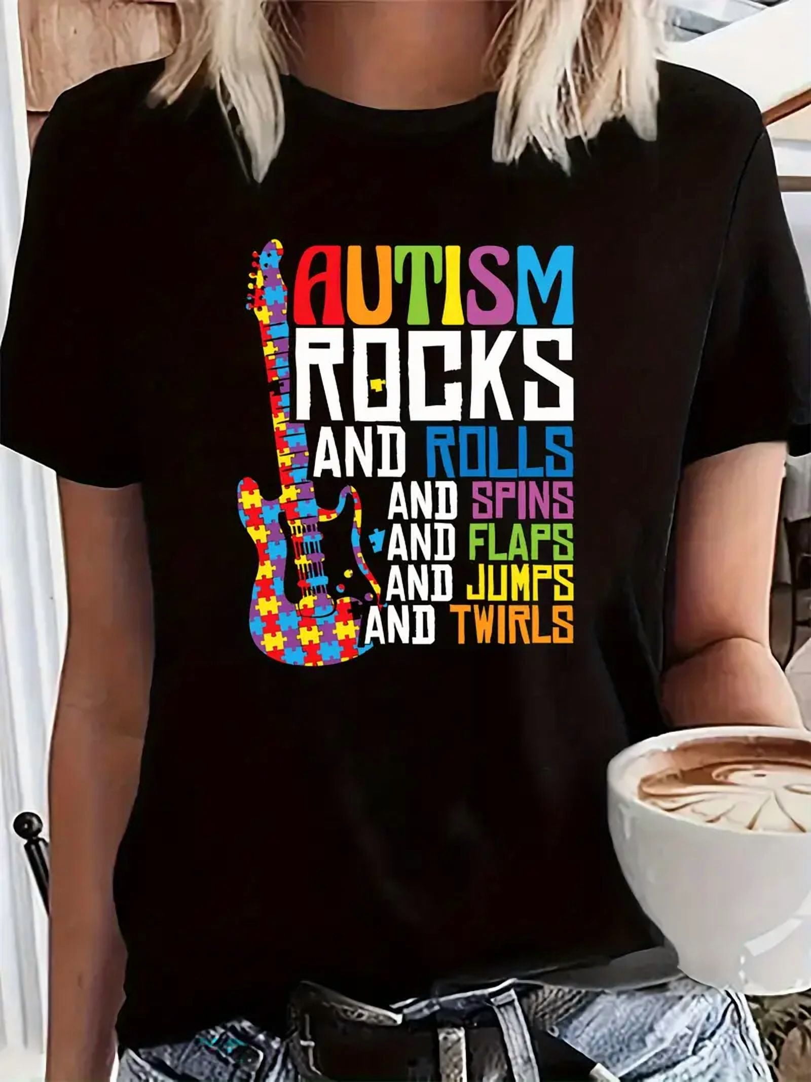 Autism Rocks & Rolls Women'S Crew Neck T-Shirt - Soft, Colorful Graphic ...