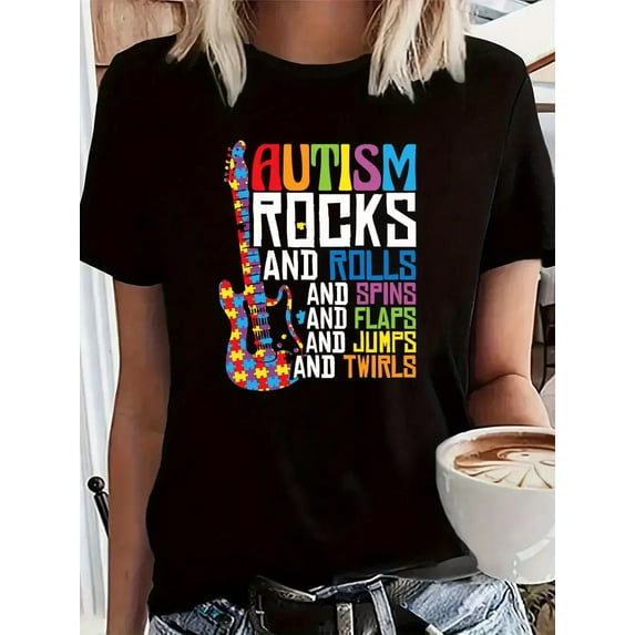 Autism Rocks & Rolls Women'S Crew Neck T-Shirt - Soft, Colorful Graphic ...