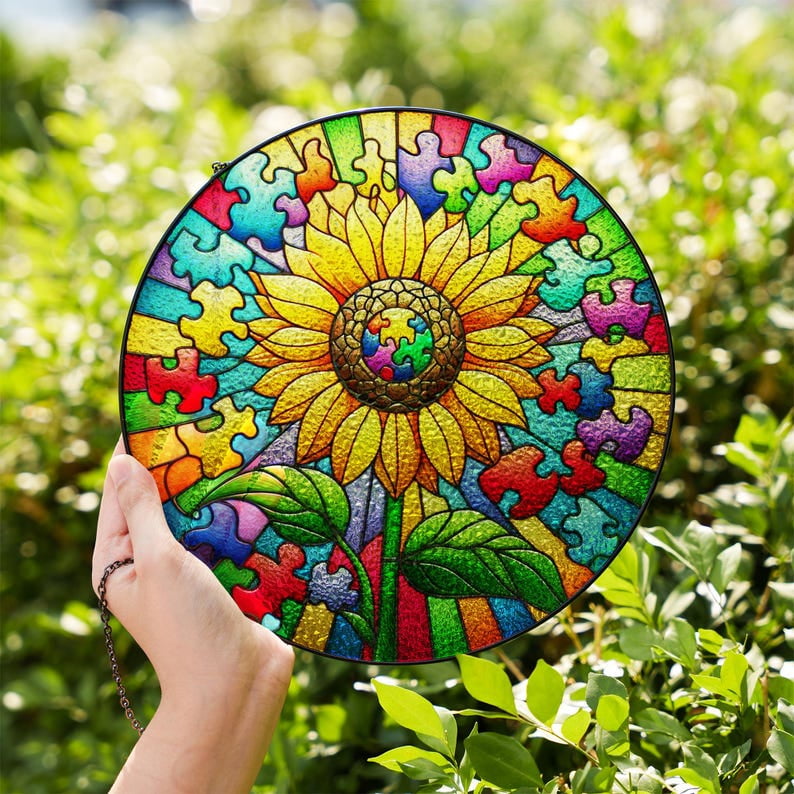 Autism Sunflower Glass Suncatcher, Cheerful Sunflower glass Celebrating ...