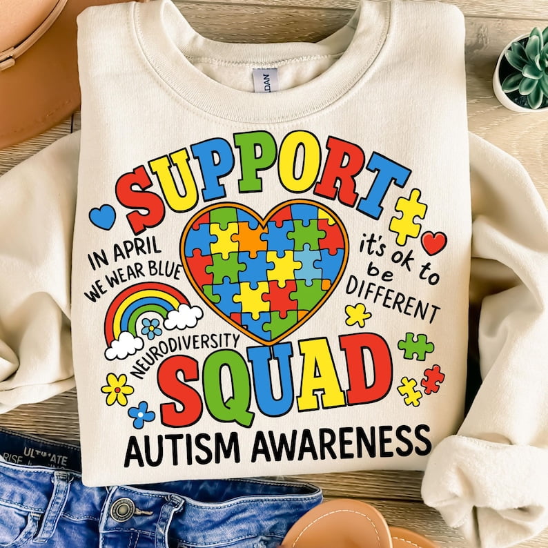 Autism Support Squad Sweatshirt, Autism Awareness Teacher Shirt, Neurodiversity Month Crewneck ...