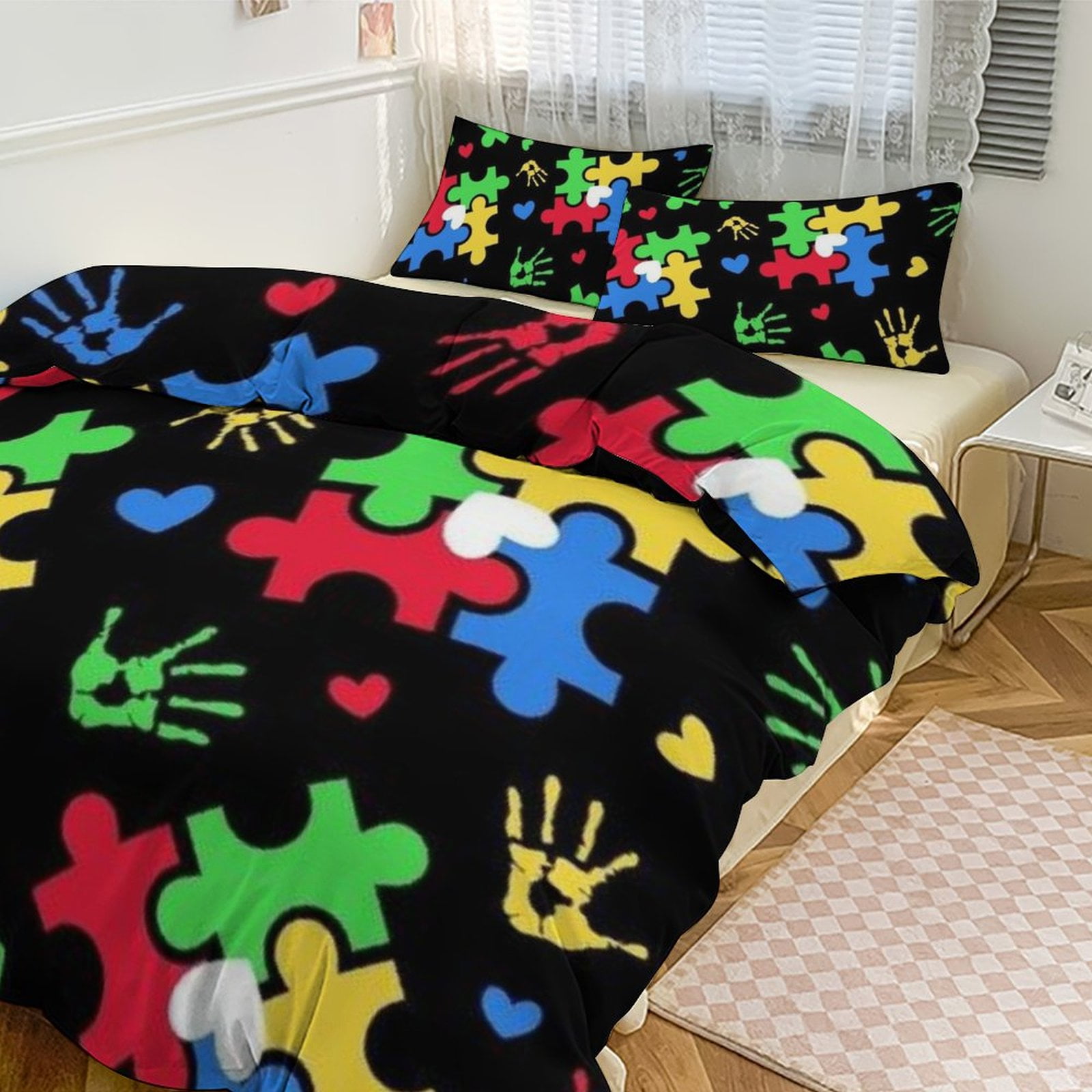 Autism Theme PUZZLE Heart Pattern 102"x90"3 Pcs Soft Bedding Set ...