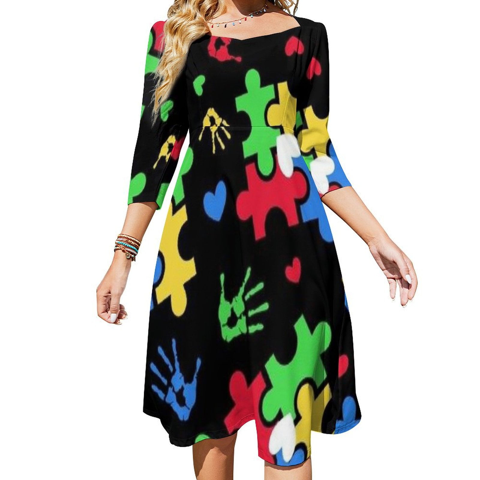 Autism Theme PUZZLE Heart Pattern Flare Dress Square Neck Dress Elegant ...