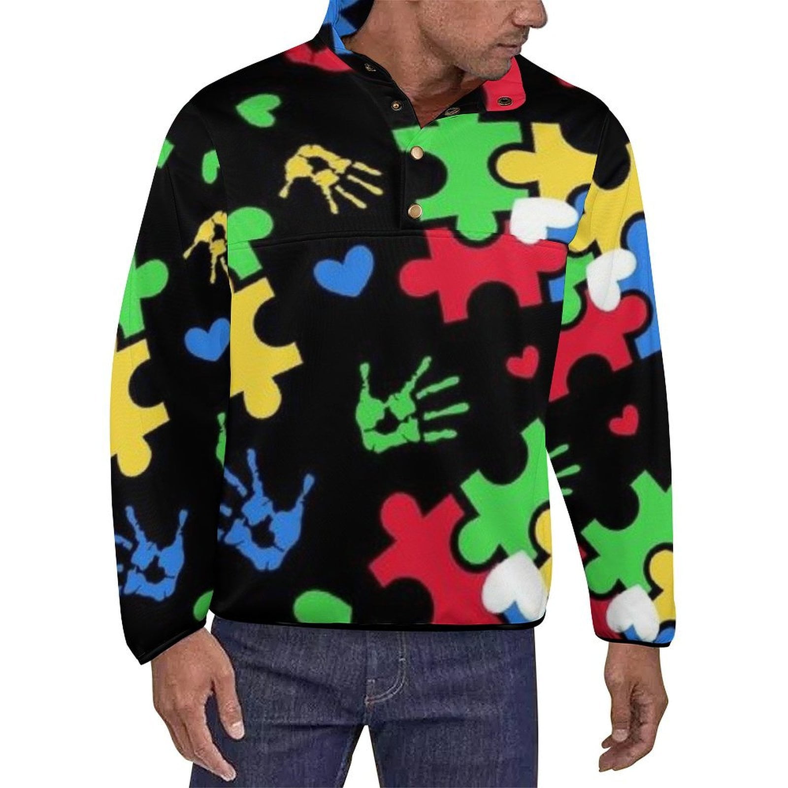 Autism Theme PUZZLE Heart Pattern Men's Stand Collar Sweater Long ...